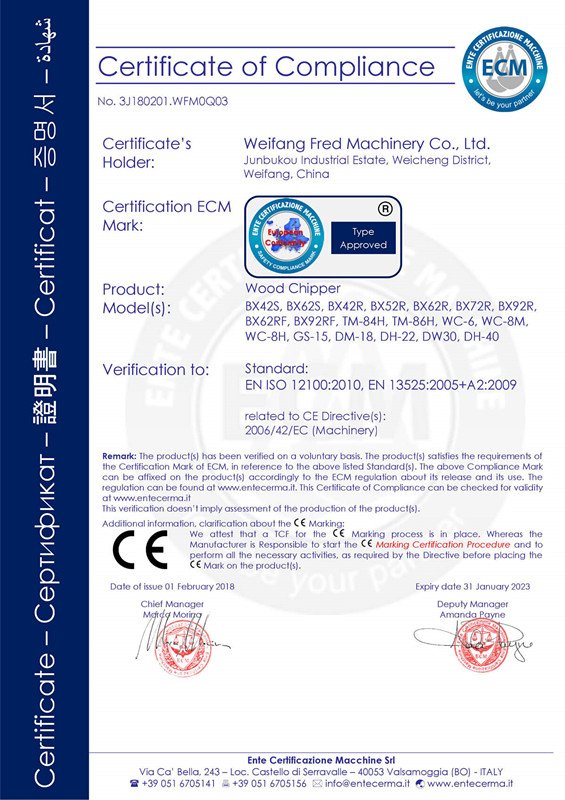 Certificato CE e ISO - Weifang Fred Machinery Co., Ltd.